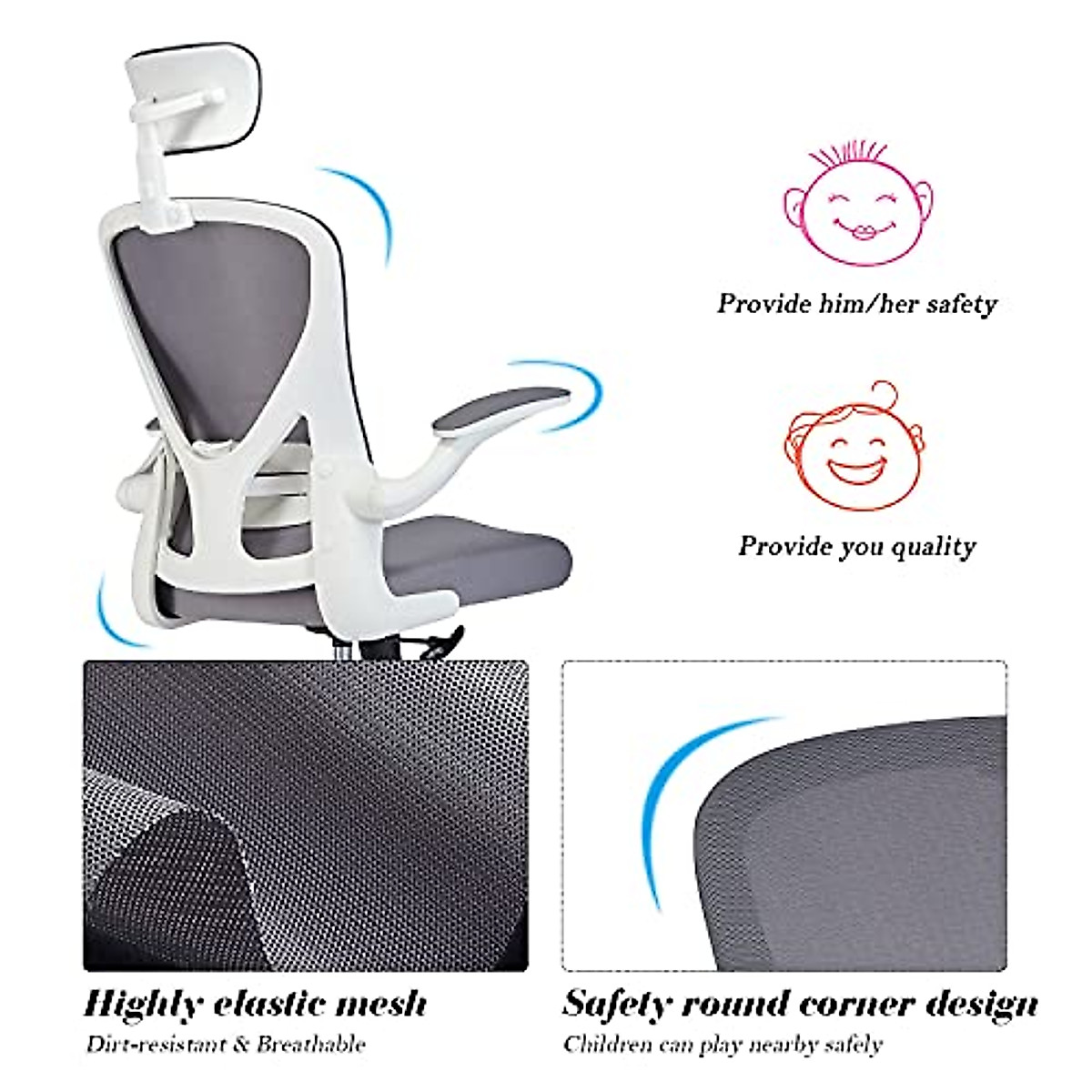 Dedeo Ergonomic Office Chair, Home Office Computer Chair, High Back Mesh Desk Chair with Adjustable Lumbar Support and Headrest, Tilt Function, Thick Seat Cushion Breathable Mesh Computer Chair