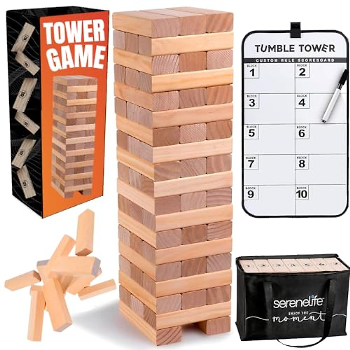 Serene Life 56 PCS Giant Tumble Tower Game - Non-Toxic Pine Wooden Stacking Timber Blocks Set with Zippered Carrying Bag, Book Scoreboard - Classic Jumbo Wood Block Outdoor Game for Kids and Adults
