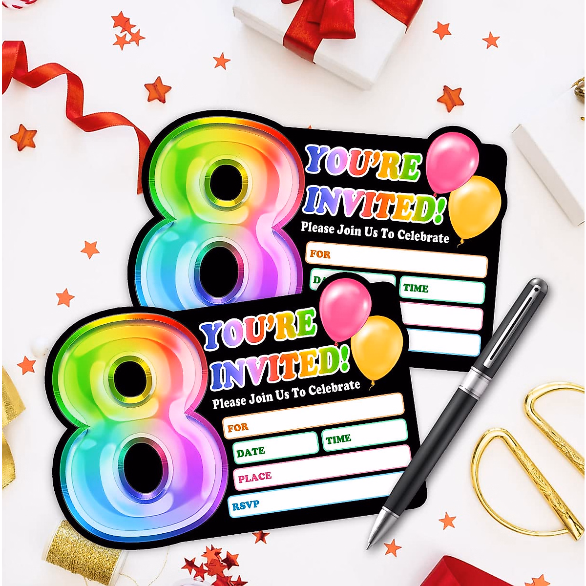 Greatingreat Rainbow Holographic Ballon Invitations with Envelope for 8th Birthday Party Anniversary,Fun Party Invite for Girls Child,Set of 30,4x6 inches