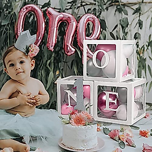 Keencopper First Birthday Decorations For Boy Or Girl, 3 Pcs ONE Balloon Boxes For 1st Birthday, Baby Clear Blocks Party Decor With ONE TWO Letters For Photoshoot Props, Cake Smash Backdrop