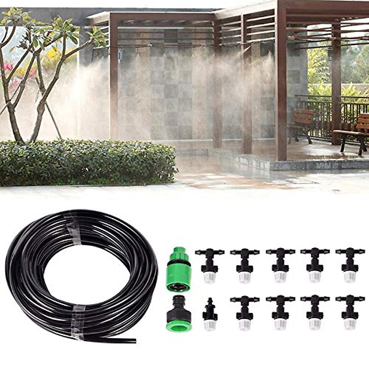 Kadaon 10m Home Garden Patio Misting Micro Flow Drip Irrigation Misting Cooling System with 10pcs Plastic Mist Nozzle Sprinkler for Plant Flower