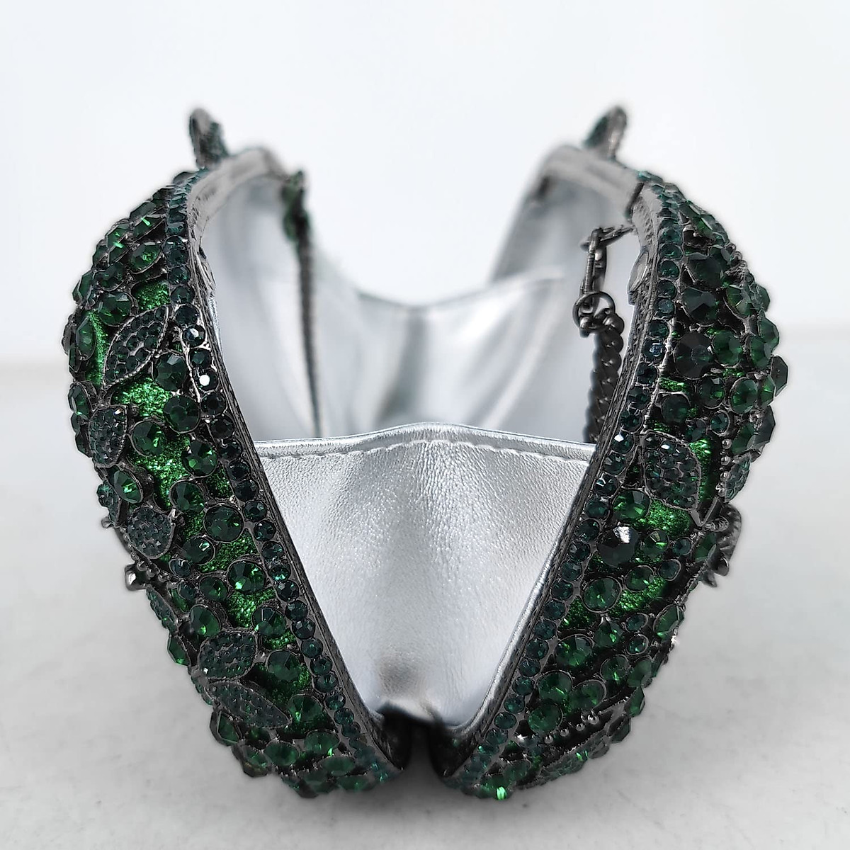 Boutique De FGG Double Flowers Women Crystal Clutch Evening Bags Wedding Party Rhinestones Handbags and Purses (Fit For Iphone 8, Green)