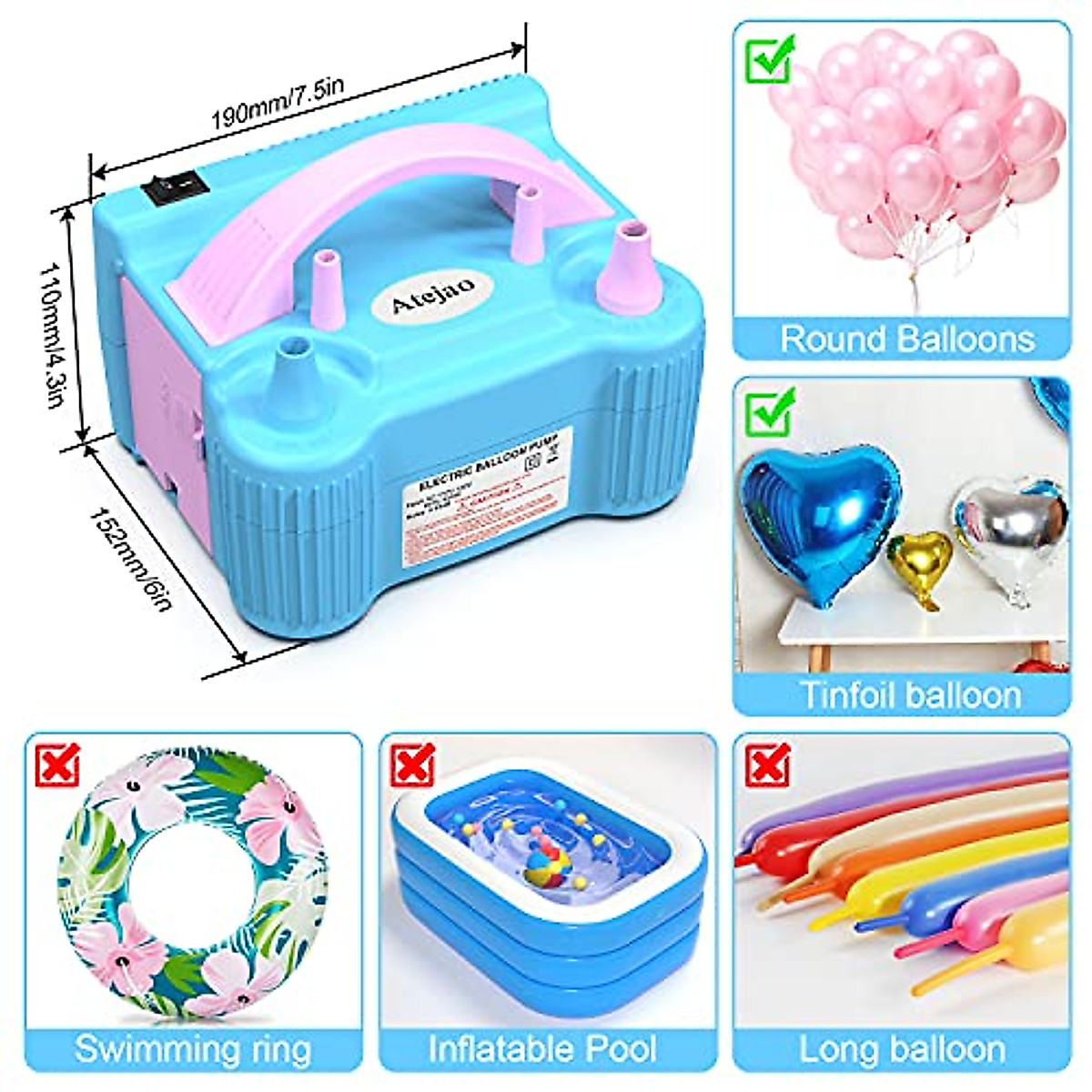 Balloon Pump,134 PCS Electric Balloon Pump 110V 600W Portable Dual Nozzles- Ballon Arch Garland Kit with Tape Strip, Tying Tool, Dot Glue, Flower Clip for Party Decoration