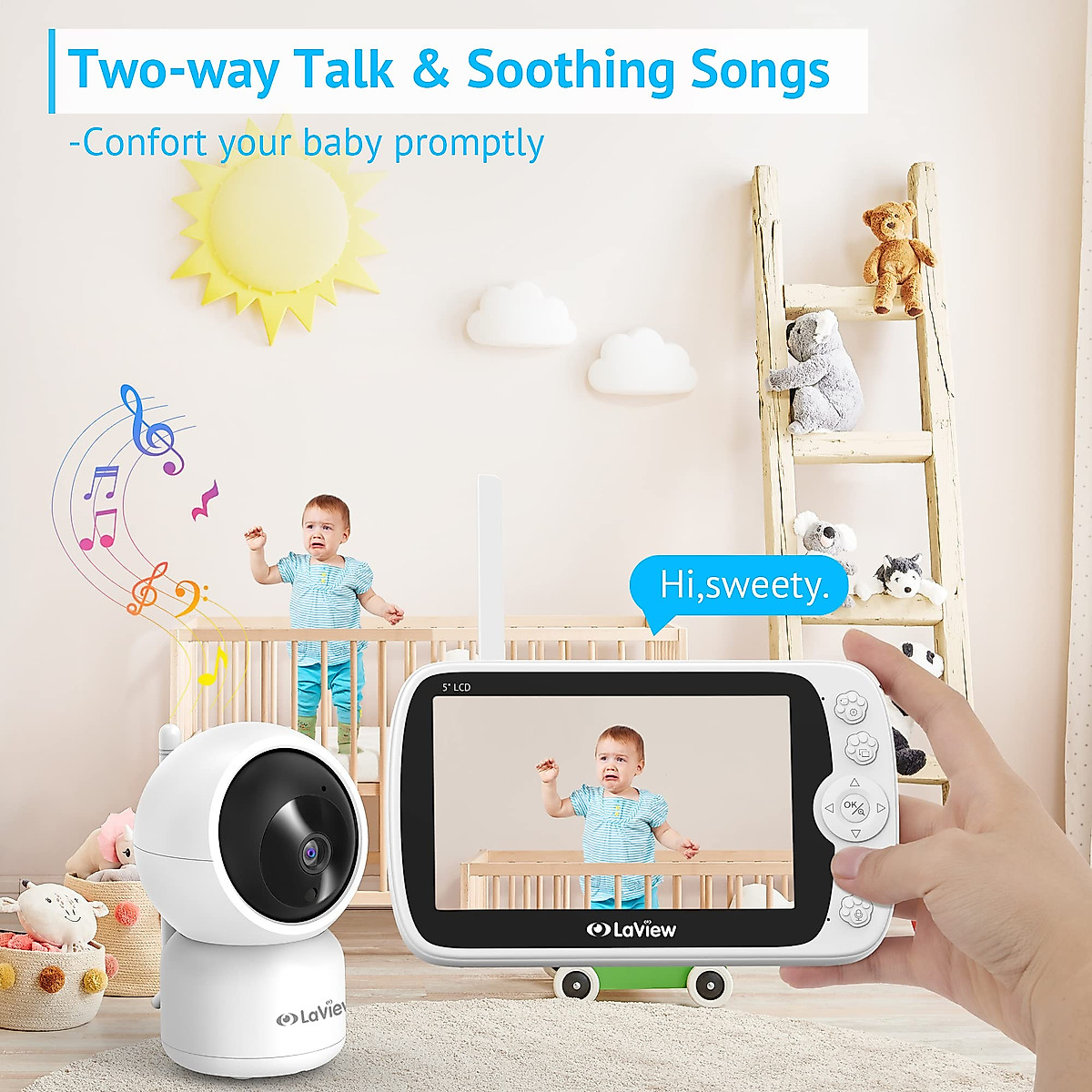 LaView 5" Color LCD Screen Baby Monitor with Mount,1080p HD Baby Monitor with Camera and Audio, Pan-Tilt Baby Camera Monitor,Infrared Night Vision,Two-Way Talk,Lullabies and Room Temperature