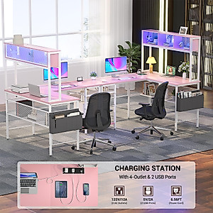 Unikito L Shaped Computer Desk with LED Strip and Power Outlets, Reversible L-Shaped Corner Desk with Storage Shelves and Bag, Industrial Home Office Desk Gaming Table with USB Port, Pink
