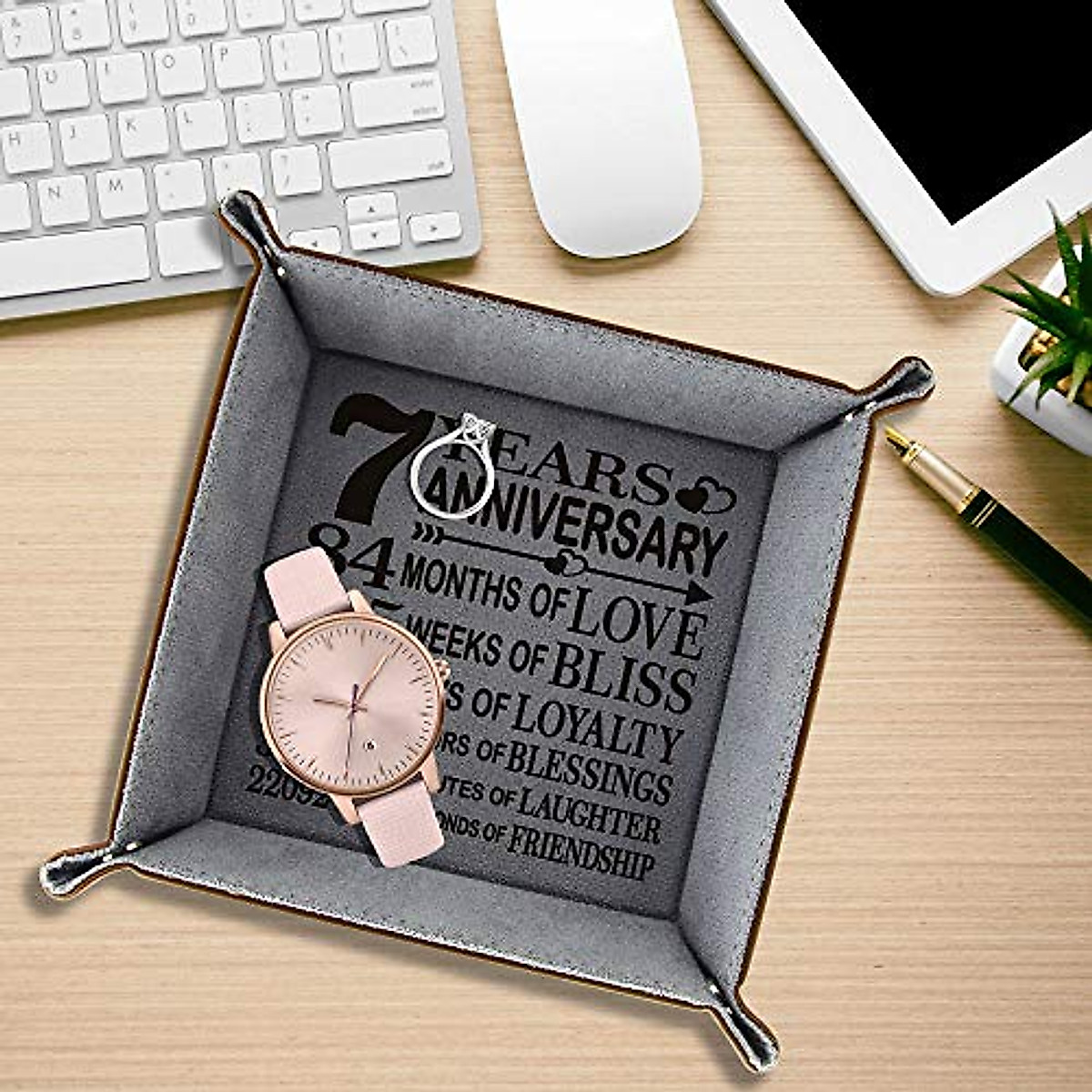 KATE POSH 7th Anniversary Tray, Traditional Wool Wedding Anniversary, Engraved Wool Organization Jewelry Tray for Husband, Wife, Boyfriend, Girlfriend