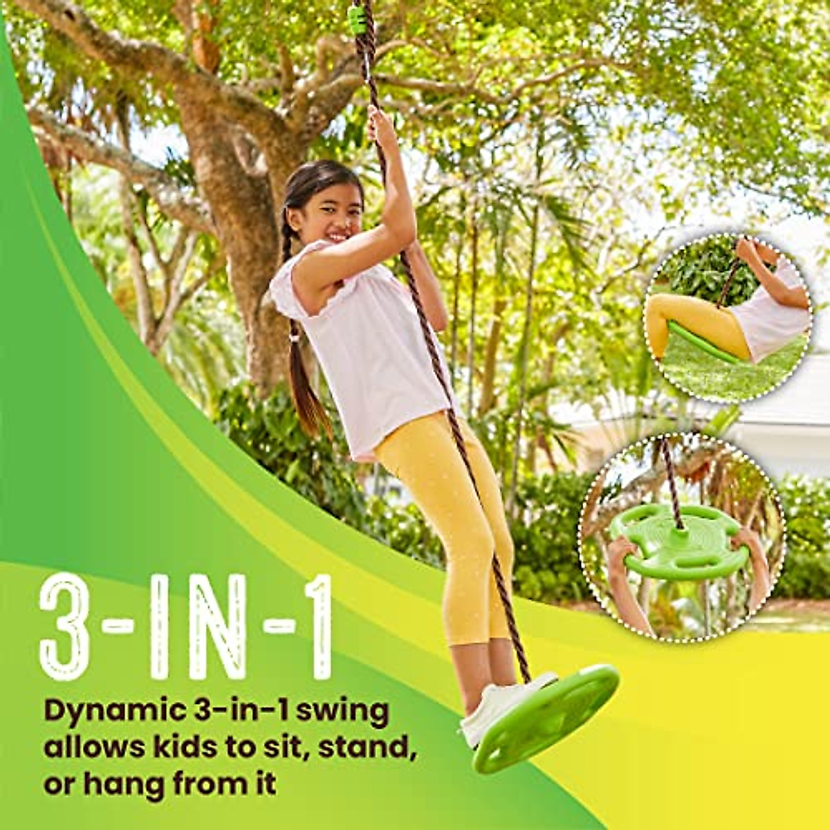 Swurfer Disc Tree Swing - Swing Sets for Backyard, Outdoor Swing Playset, Swingset Outdoor for Kids, Easy Installation, Adjustable Heavy Duty Braided Rope, Weather Resistant, Ages 4 & Up,Green