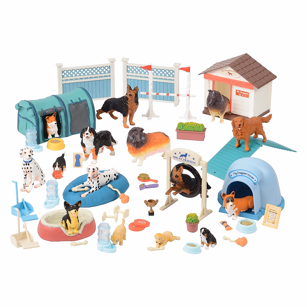 CP Toys Kids 51-Piece Dog Academy Playset with Plastic Toy Dog Figurines, Pretend Play Animal Toys with Dogs, Puppies, and Accessories for Kids Ages 3+, Multicolor