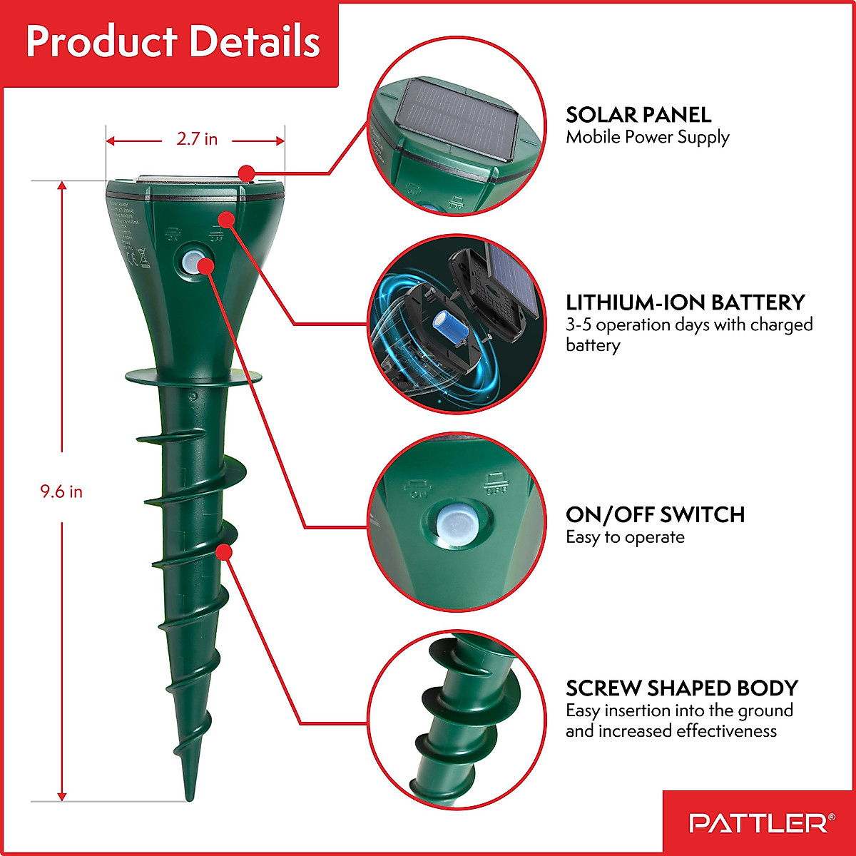 PATTLER® Mole Repellent Solar Powered | Innovative Screw-Shape Design | 8,000 Sq Ft Coverage | Best Snake Repellent for Yard, Great for Getting Rid of Moles and Voles | Gopher Repellent | 2 Units