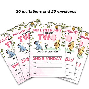 Dolimifa Winnie the Pooh 2nd Birthday Invitations Fill in Style Watercolors Winnie the Pooh Bear Pink Balloon Our Little Hunny Winnie Second Birthday Invites for 2 Year Old, 20 Count With Envelopes