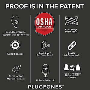 Plugfones Protector Plus VL in-Ear Earplug Earbuds, Noise Reduction Headphones with Noise Isolating Mic and Controls, Black & Red