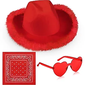 Handepo 3 Pcs Cowgirl Cowboy Hat Set Cowgirl Hat with Feathers Heart Shaped Sunglasses Bandana Accessories for Women Cowgirl(Red)
