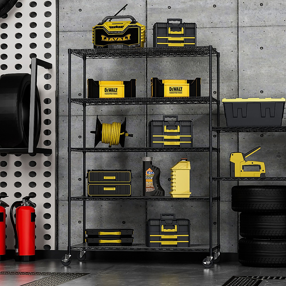 5 Tier NSF Metal Shelf Wire Shelving Unit, Heavy Duty Adjustable Storage Rack with Wheels & Shelf Liners, Black - 82" H x 48" L x 24" D 6000lbs Capacity