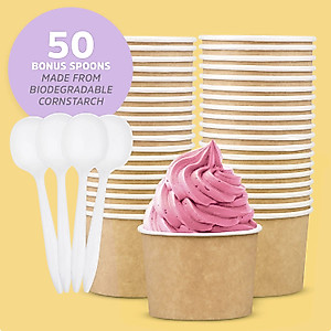Promora 12 oz Paper Ice Cream Cups Disposable, Disposable Bowls for Hot Soup or Dessert with Spoons, Perfect for Hot & Cold Food, Disposable Soup Bowls, Ice Cream Bowls Disposable (Brown, 12 oz)
