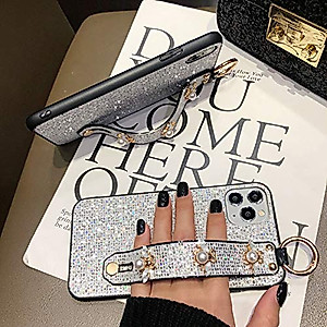 Aowner iPhone 14 Pro Max Case - Glitter Bling Stand, Luxury Hand Strap, Sparkle Pearl Bee Wrist Bracket, Silver