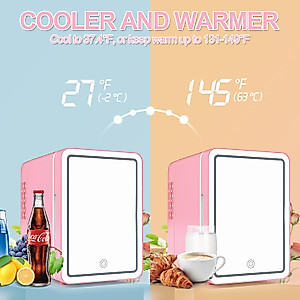 SPECILITE Mini Fridge for Skin Care, Portable Beauty Fridge with Mirror and LED Lighting (4 Liter/6 Can) Cooler and Warmer, Personal AC/DC Refrigerator for Skincare, Makeup, Beverage, Office, Bedroom (Pink)
