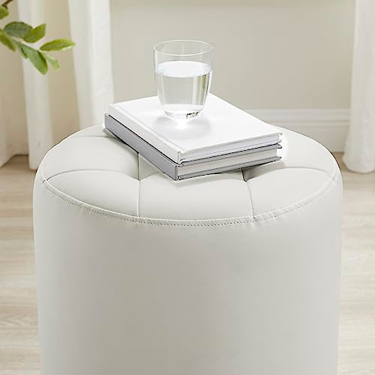 Linon White Sikes Faux Leather Tufted Swivel Ottoman with Chrome Base