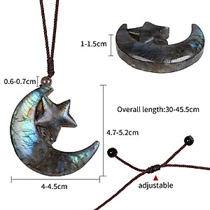 TUMBEELLUWA Natural Labradorite Pendant Necklace for Unisex Handcrafted Crystal Stone Amulet Necklace with Adjustable Cord, Star & Moon