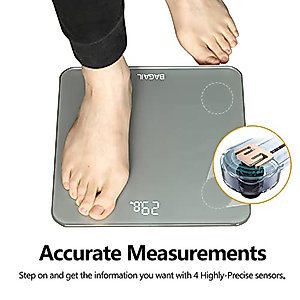 BAGAIL BASICS Bathroom Scale, Digital Weighing Scale with High Precision Sensors and Tempered Glass, Ultra Slim, Step-on Technology, Shine-Through Display - 15Yr Guarantee Grey