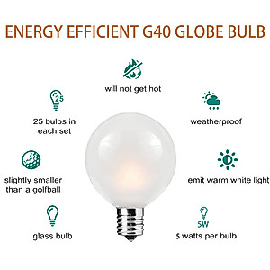 Pallerina G40 Frosted Replacement Bulbs, 25 Pack 5 Watt G40 Replacement Light Bulbs for string lights with 12/C7 Candelabra Base, G40 Incandescent Bulbs for Indoor Outdoor Decorative