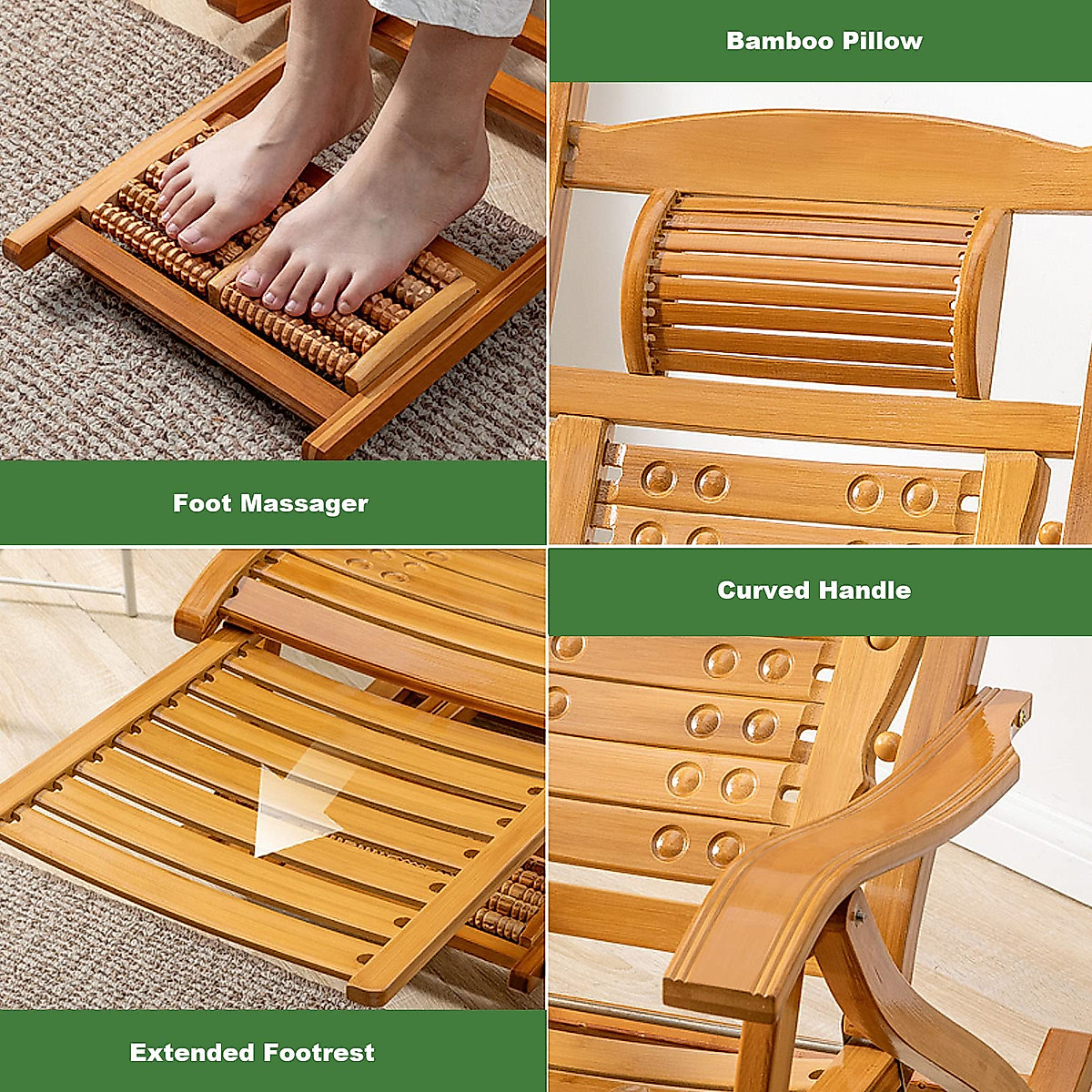 Lounge Chair, Zero Gravity Chair Folding Chairs, Reclining, Garden Rocking Chair Multifunctional Nap Chair, with Foot Massage Wheel Bamboo Lounge Chair