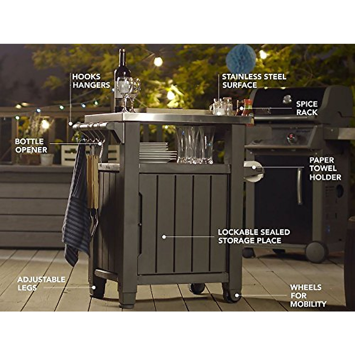 Keter Unity Portable Outdoor Table and Storage Cabinet with Hooks for Grill Accessories-Stainless Steel Top for Patio Kitchen Island or Bar Cart