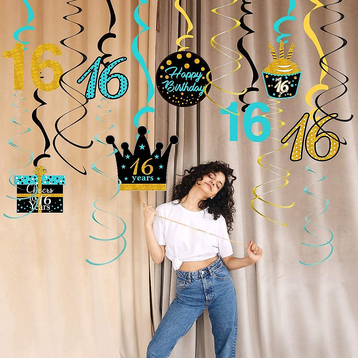 Sweet 16 Birthday Decorations for Girl Teal Gold 16th Birthday Hanging Swirls Sixteen Birthday Hanging Swirls Decorations for Teal Gold 16 Years Old Party Supplies