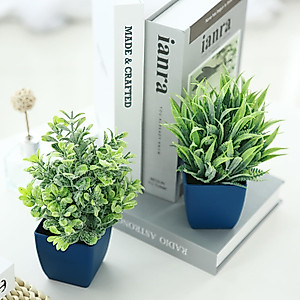 summer flower 2 Pack Fake Plants in Pot Small Artificial Eucalyptus Potted Plant Faux Rosemary in Pot Greenery for Home Decor Indoor Office Shelf Table Desk Bathroom Decoration (Blue-2)