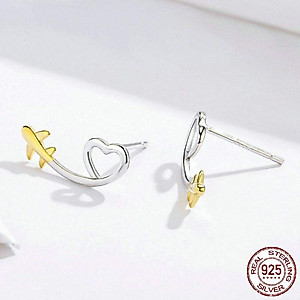 925 Sterling Silver Earrings for Women Heart-Shaped Airplane Small Earrings Stud Trendy Unique Aesthetic Dainty Minimalist Hippie Kpop Earrings Bulk