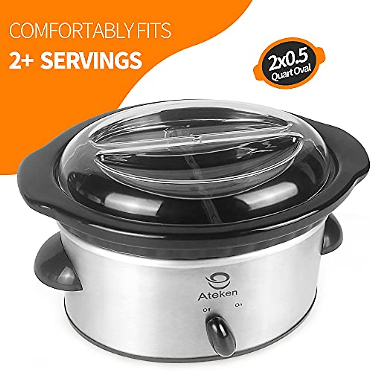 Ateken Supper Mini Slow Cooker 2x0.5 Quart Oval Double-Flavor Black Ceramic Pot Stainless Steel Silver Suit for Dipping Sauce