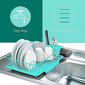 Home Basics Dish Drying Rack (Turquoise) Dish Drainers for Kitchen Counter | with Sloping Tray and Utensil Holder | Big Dish Drying Rack