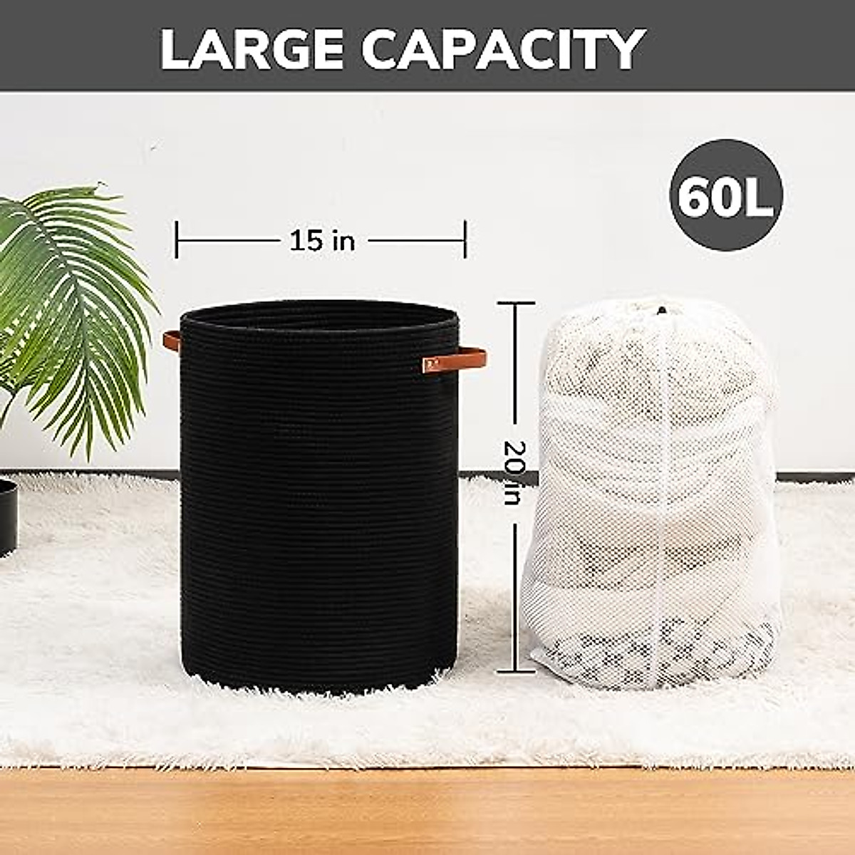 Goodpick Large Laundry Basket, 60L Tall Laundry Hamper with laundry Bag for Blankets, Clothes, Black Rope Laundry Basket for Living Room, 15 x 20 Inches