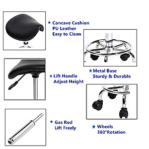 WEI WEI GLOBAL Adjustable Spa Stool, PU Leather Cushioned Salon Seat, Rolling Swivel Office Chair, Massage Barber Stool on Wheels for Drafting Tattoo Beauty Facial Spa (Saddle, Black)