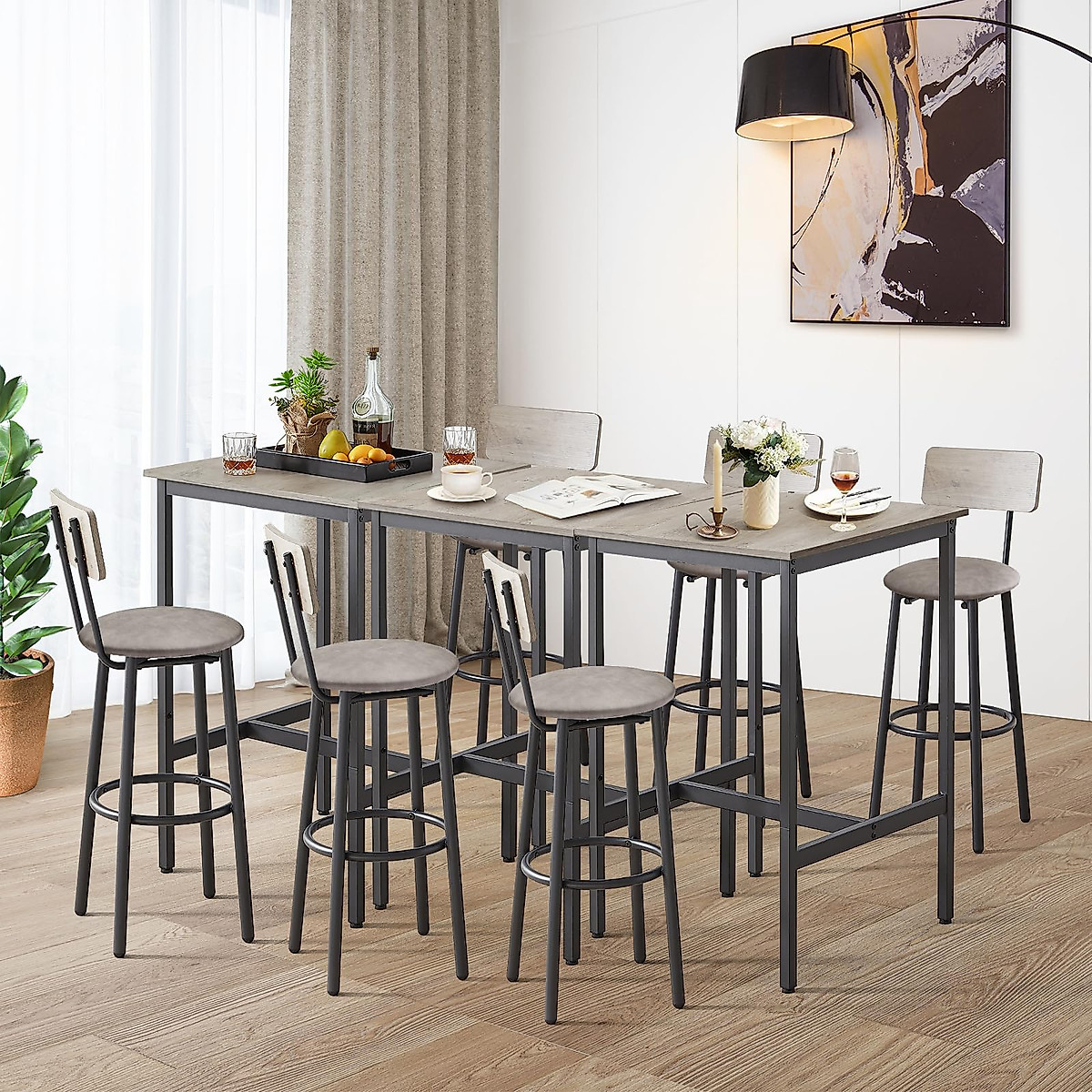 Noskatu 3-Piece Dining Table Set for 2, Modern Bar Table and Chairs Set for Small Space Kitchen Wooden Square Dinette Set with PU Padded Chairs Metal Frame for Apartment Breakfast Nook, Grey