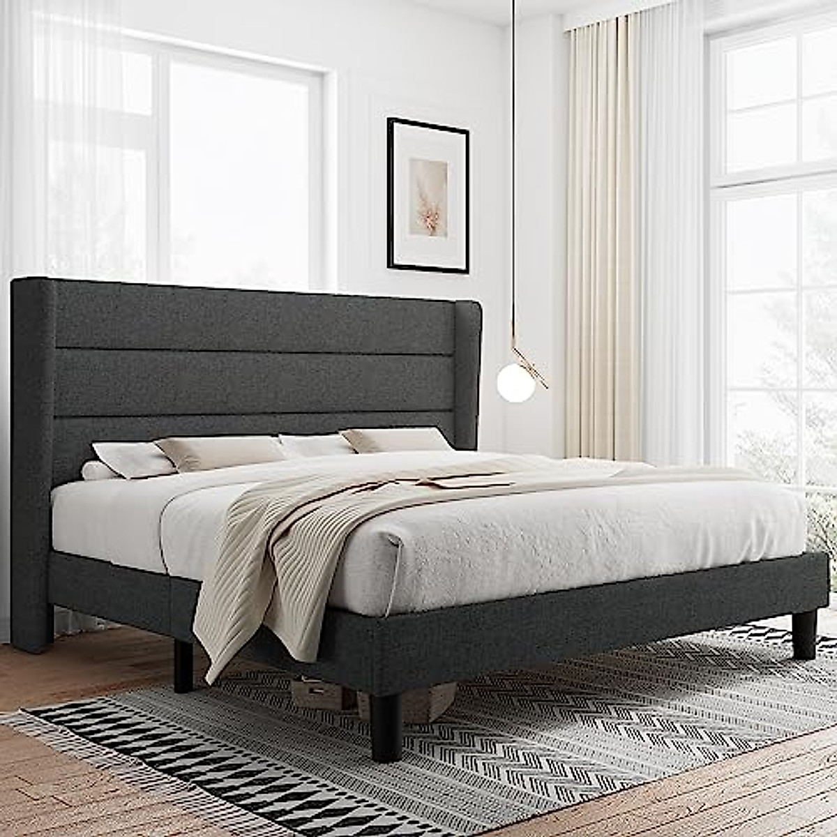 iPormis Full Size Bed Frame with Wingback, Modern Upholstered Platform Bed with 8'' Under-Bed Storage, Fabric Headboard, Wood Slats Support, No Box Spring Needed, Noise-Free, Easy Assembly, Dark Gray