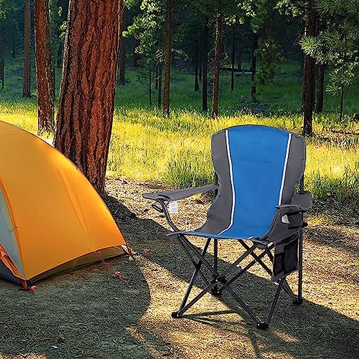 HIGH POINT SPORTS Portable Camping Chair, Heavy Duty Outdoor Folding Chair with Armrest, Foldable Camp Chair with Cup Holder for Camping, Support 350 LBS, Blue-Gray