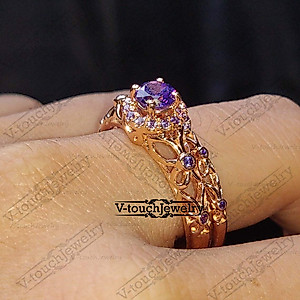V Touch 14K Rose Gold Plated 925 Sterling Silver Round Cut Purple Amethyst Engagement Wedding Tinkerbell Ring Set for Women's (8)