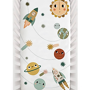 Rookie Humans 100% Cotton Sateen Fitted Crib Sheet: Space Explorer. Modern Nursery, Use as a Photo Background for Your Baby Pictures. Standard Crib Size (52 x 28 inches)