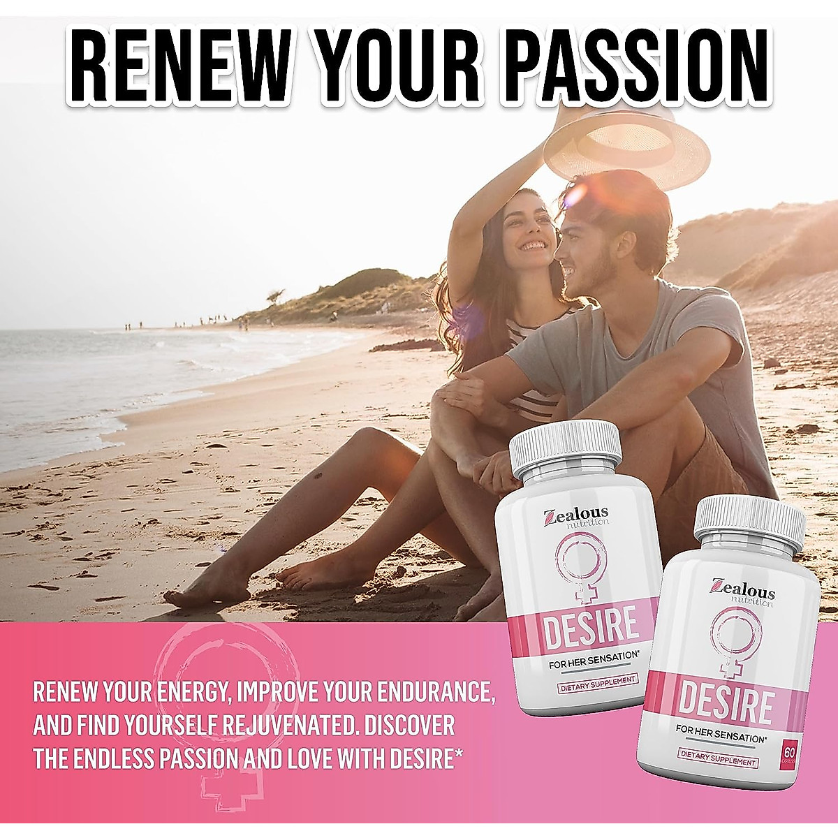 Zealous Nutrition Desire Female Enhancement Pills – 5X Natural Mood Booster for Women - Increase Energy, Vitality, PMS and Menopause Relief - Epimedium, Dong Quai, Ginseng, Ashwagandha (2 Pack)