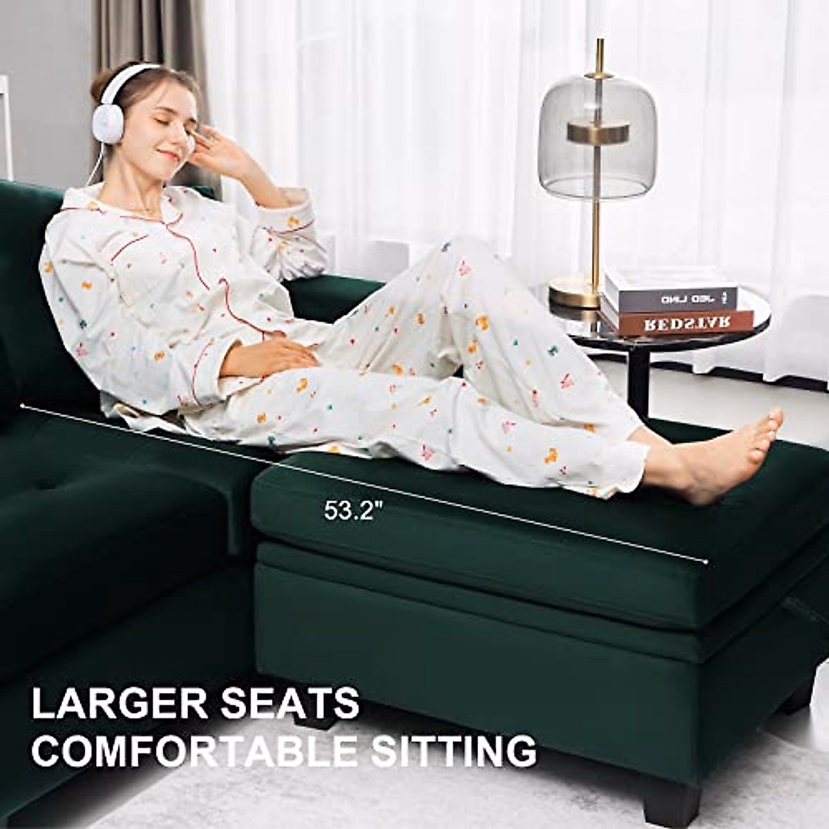 Belffin Velvet U Shaped Sectional Sofa Couch with Storage Ottoman Convertibel Sectional Sofa with Reversible Chaises Green