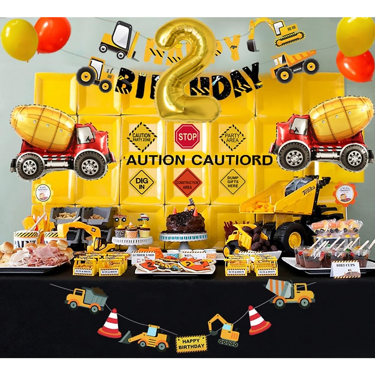 Construction 2nd Birthday Party Supplies Dump Truck Party Decorations Kits Set for Kids Two Years Old Birthday with Cake Toppers Balloons Banners Signs