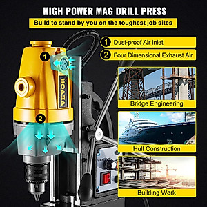 VEVOR Mag Drill, 0-550 RPM Stepless Speed Electromagnetic Drill Press, 3.9" Depth 0.5" Dia Magnetic Core Drill, 1910lbf Boring Tool Drill Press, 750W Drill Press, Yellow and Black Drill Machine