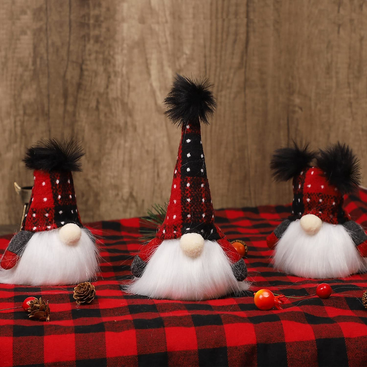 Juegoal 3 Pack Lighted Christmas Gnome, Handmade Plush Mini Scandinavian Swedish Tomte, Battery Operated Winter Tabletop Christmas Decorations