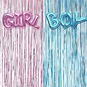 Gender Reveal Decoration Set - Metallic Fringe Curtains + BOY Girl Foil Balloons Gender Reveals Party Photo Backdrop (Pink/Blue)