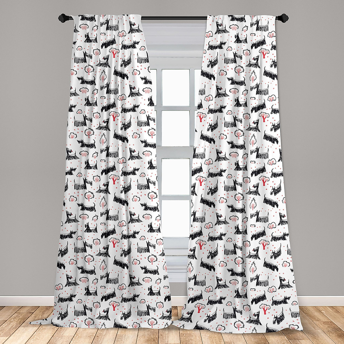 Ambesonne Scottie Dog Window Curtains, Hand-Drawn Sketched and Scribbled Scotch Breeds Playing, Lightweight Decorative Panels Set of 2 with Rod Pocket, Pair of - 28" x 84", Coral Charcoal