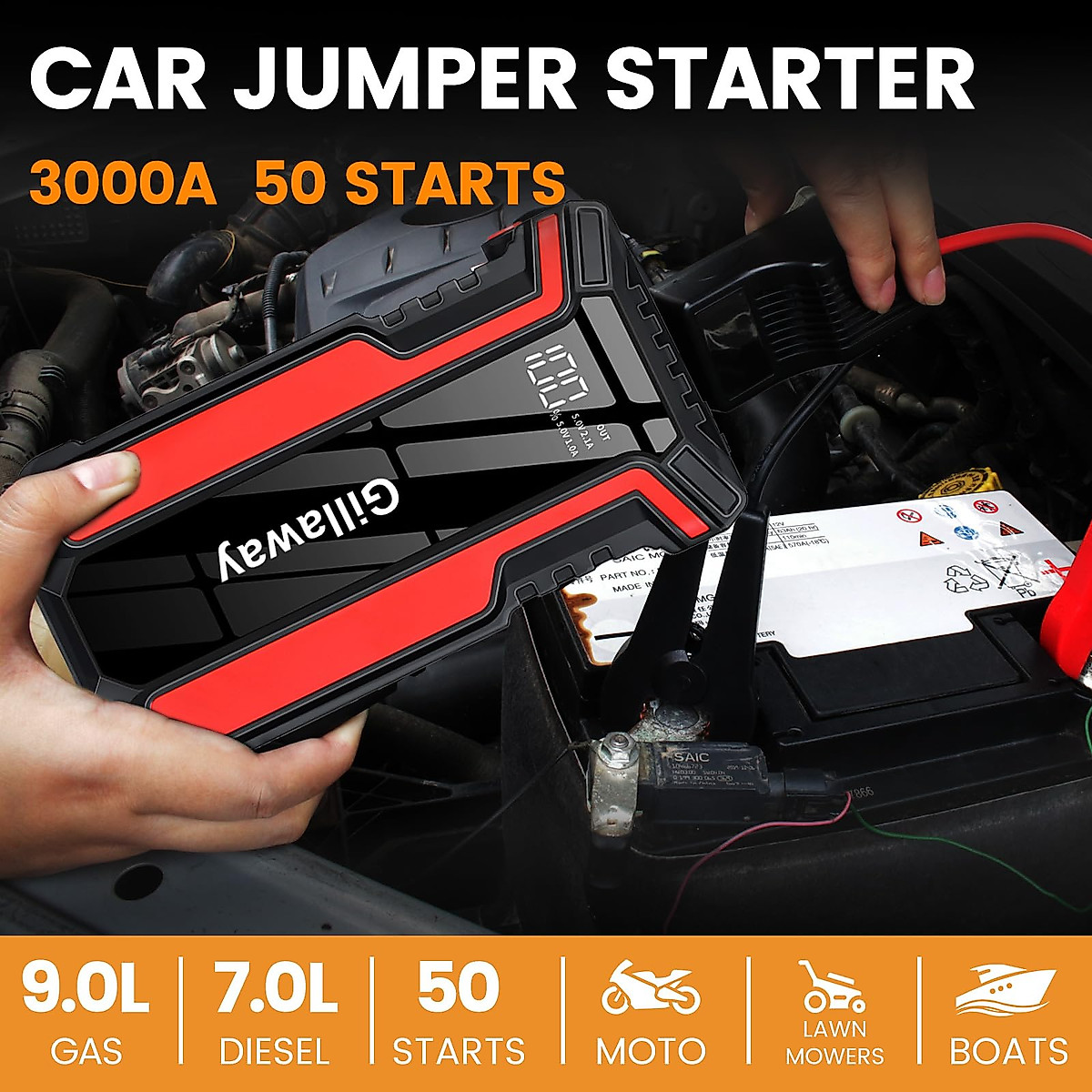 Gillaway 016 Jump Starter 3000A Peak, Jump Starter Battery Pack up to 50 Jump Starts, 12V Jump Box for Car Battery, up to 9.0L Gas and 7.0L Diesel Engines, Jump Starter Portable Power Bank/LED Light