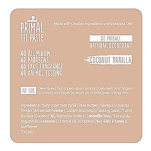Primal Pit Paste Natural Aluminum-Free Deodorant, Baking Soda-Free, Coconut Vanilla (1-Pack) | Sensitive Skin Friendly, Effective Odor Control for Women & Men, Organic Ingredients and Essential Oils