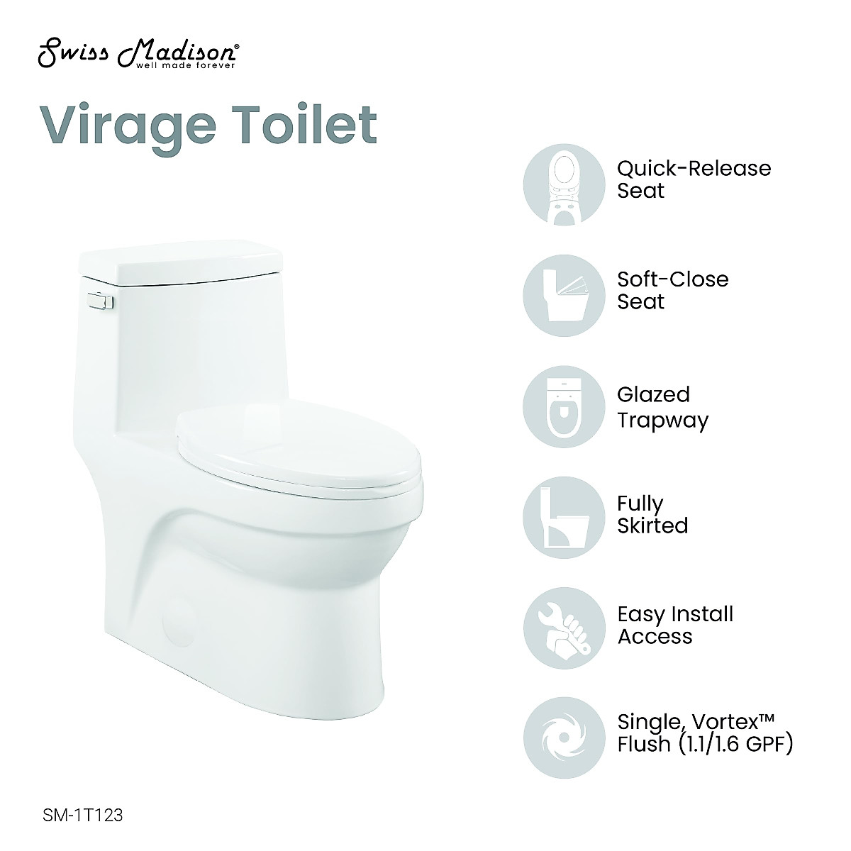Swiss Madison SM-1T123 Virage One Piece Elongated Toilet 1.28 GPF