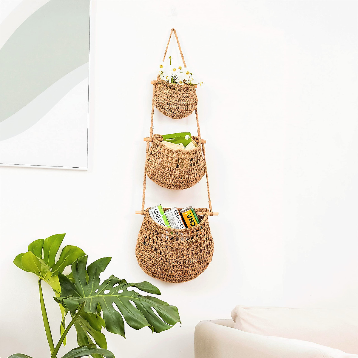 Hanging Fruit Basket, 3 Tier Woven Jute Wall Hanging Basket for Organizing, Hanging Produce Basket for Fruit & Vegetable Storage, Boho Kitchen Decor, Wall Basket Storage for Kitchen, Bedroom, Bathroom