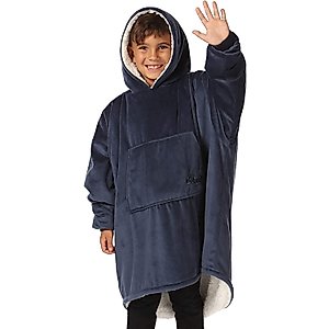 THE COMFY Original Jr. Microfiber Wearable Blanket Hoodie for Kids with Plush Oversized Hood, Large Pocket, and Ribbed Sleeve Cuffs, Blue